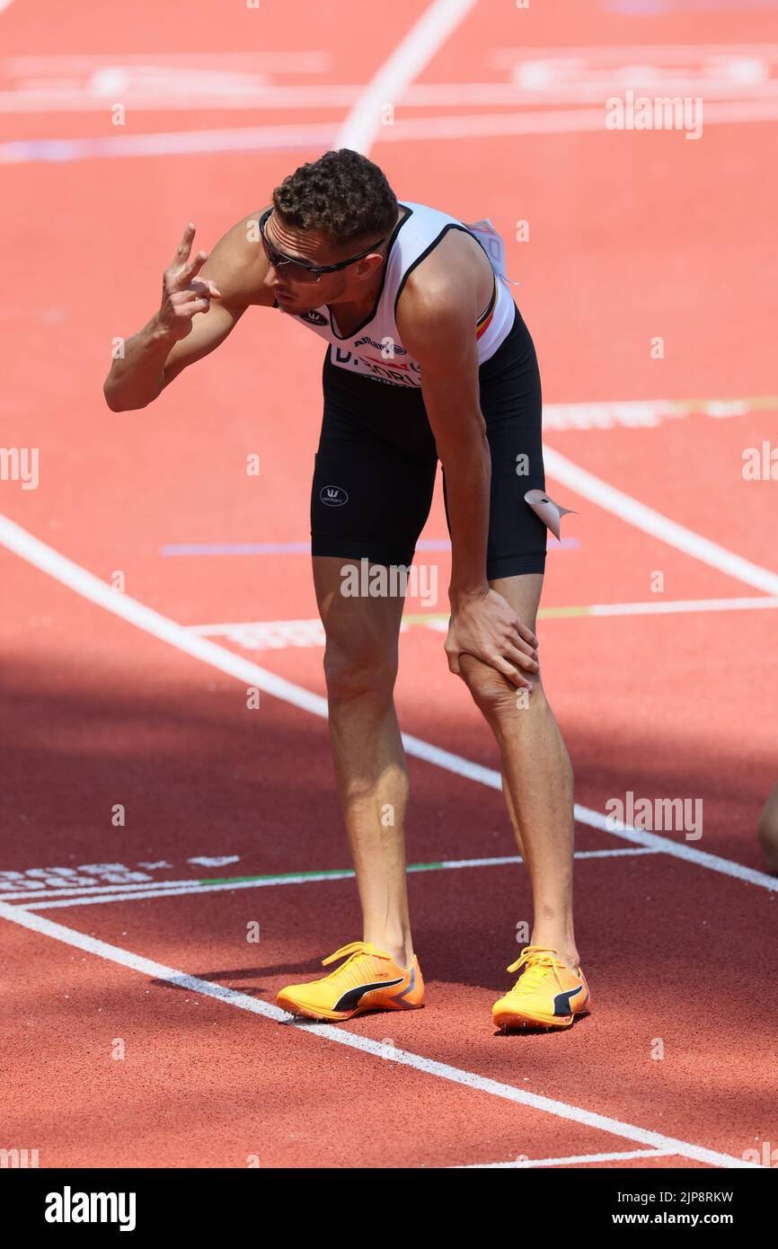 Munich 2022, Germany. 16th Aug, 2022. Belgian Dylan Borlee reacts as he ...