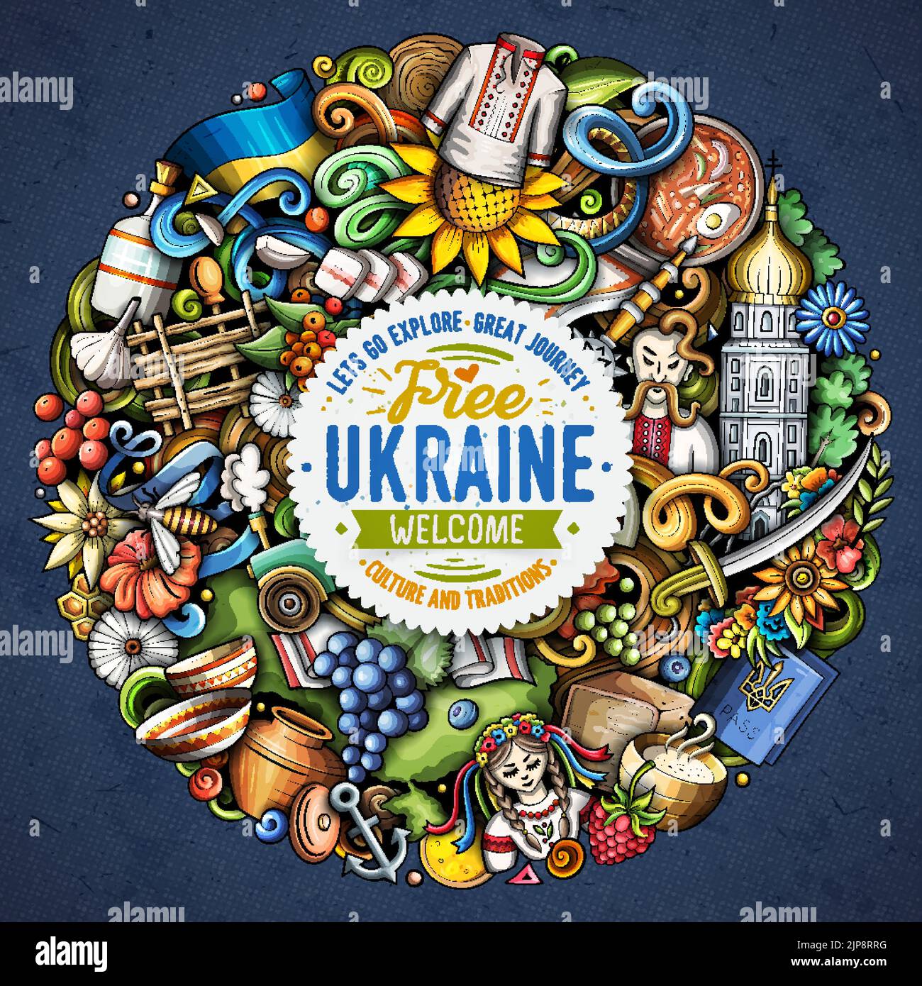 Ukraine cartoon vector doodles round illustration. Ukrainian symbols ...