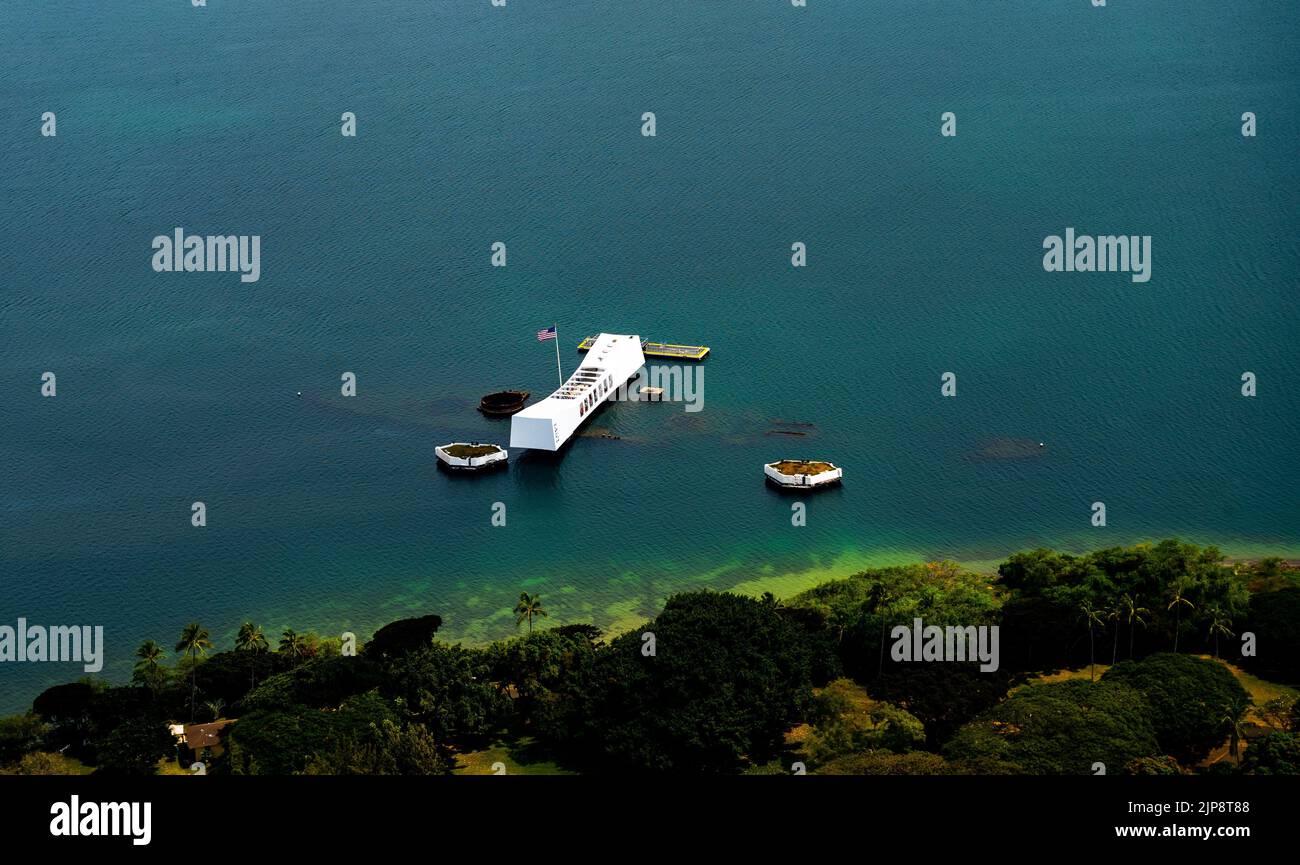 Aerial view of USS Arizona Memorial in Pacific ocean. National Monument ...