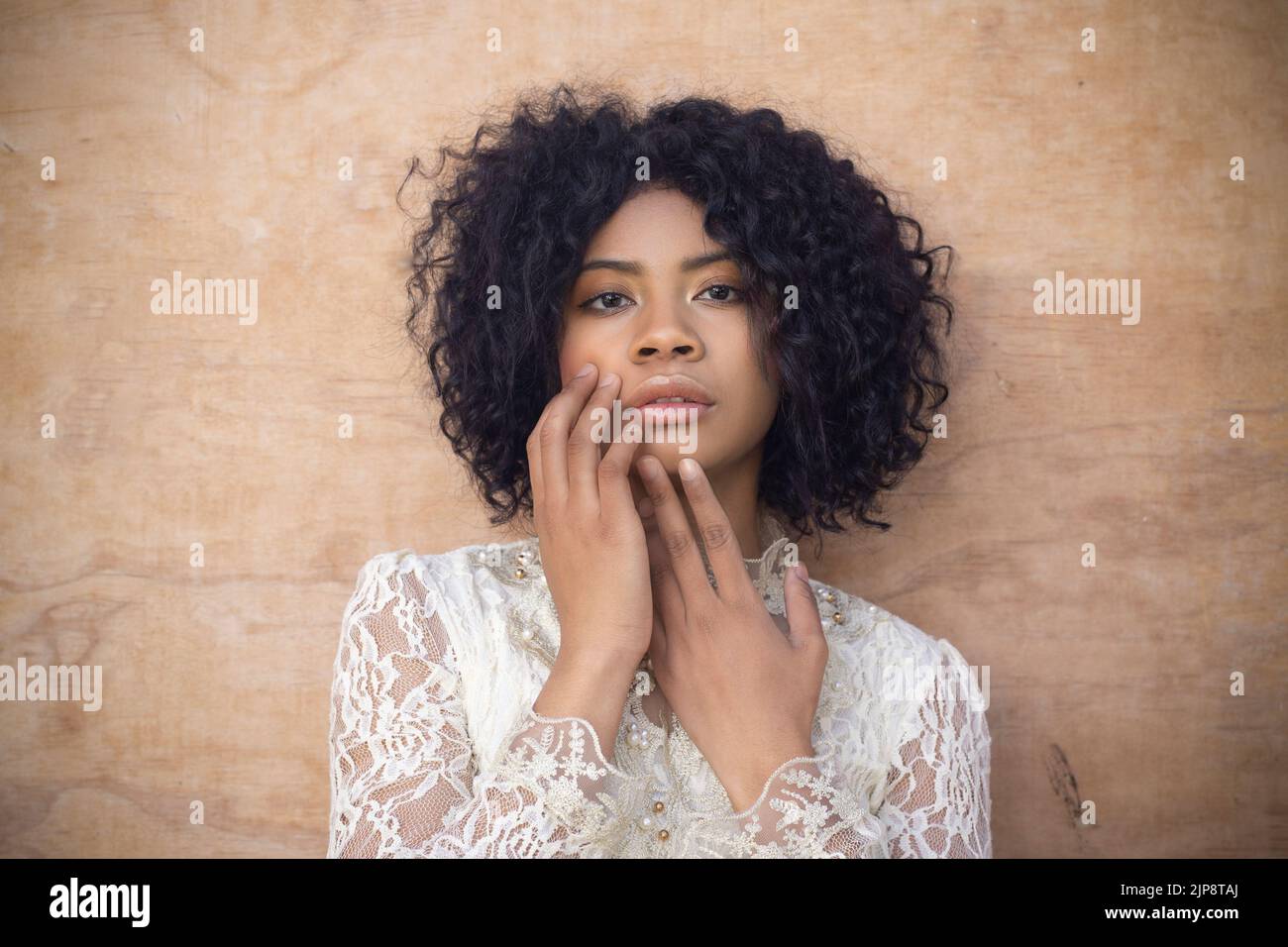 Gorgeous young black female model with curly dark Afro hair in romantic ...