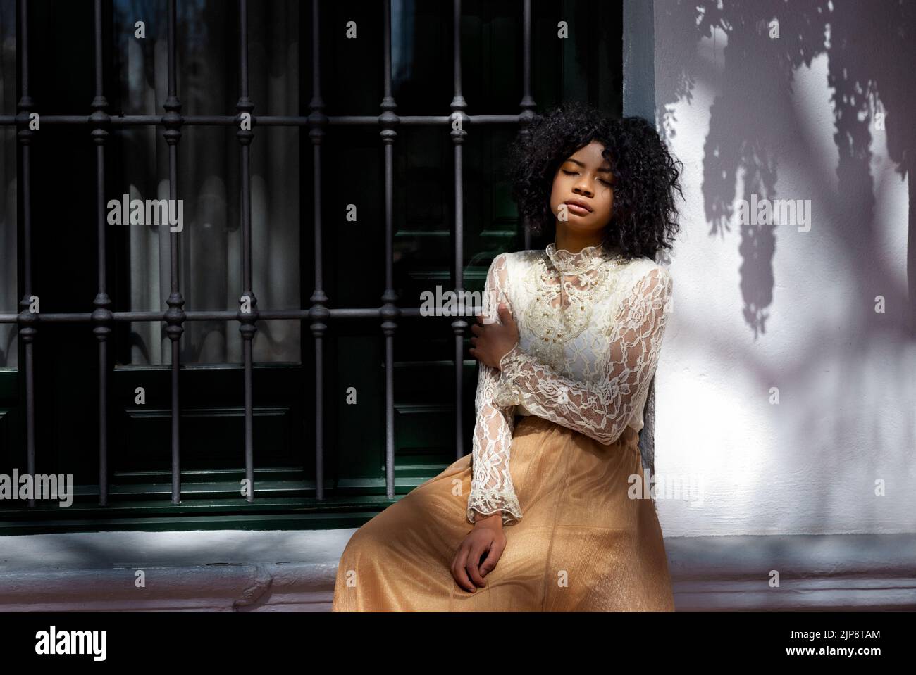 Tranquil young African American female with curly dark hair in romantic ...