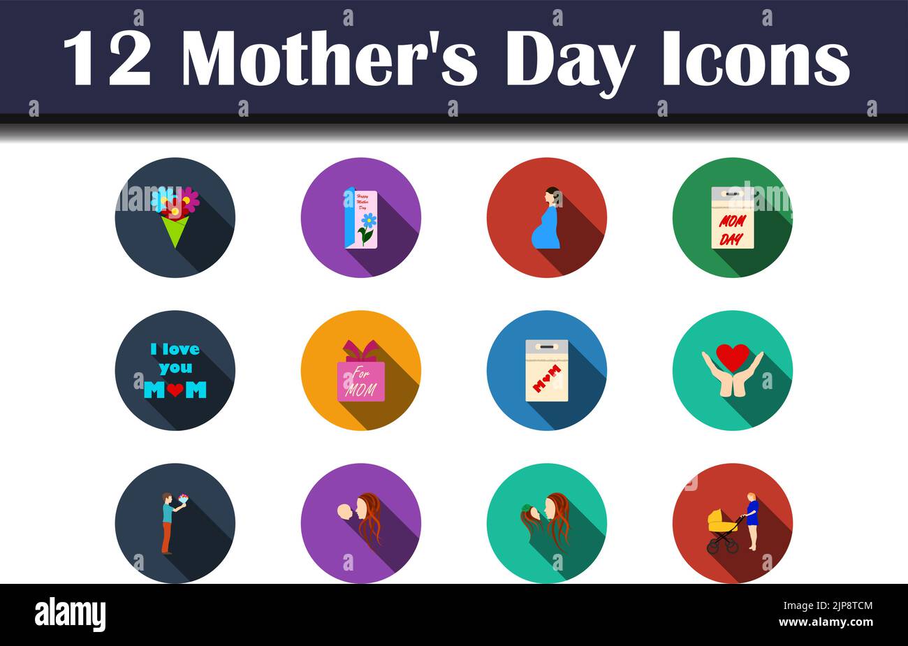 Mother's Day Icon Set. Flat Design With Long Shadow. Vector ...