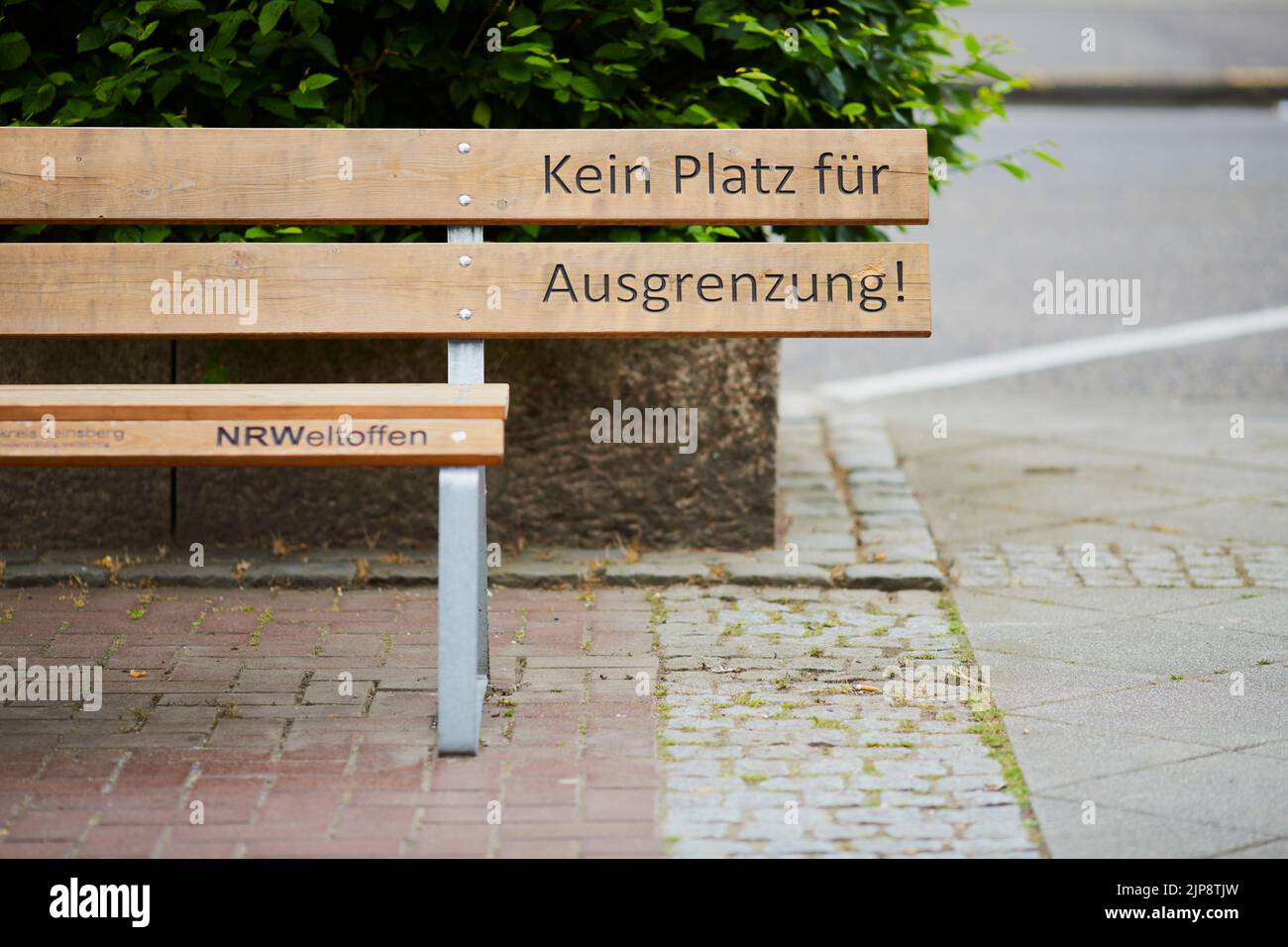A bench in the city park saying No Room for Exclusion with plants in ...