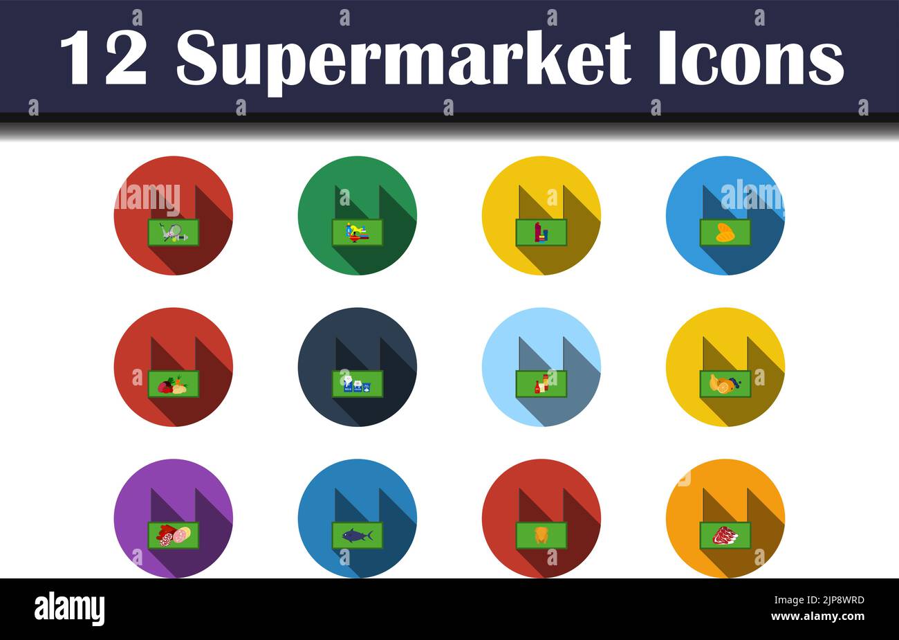 Supermarket Icon Set. Flat Design With Long Shadow. Vector illustration ...