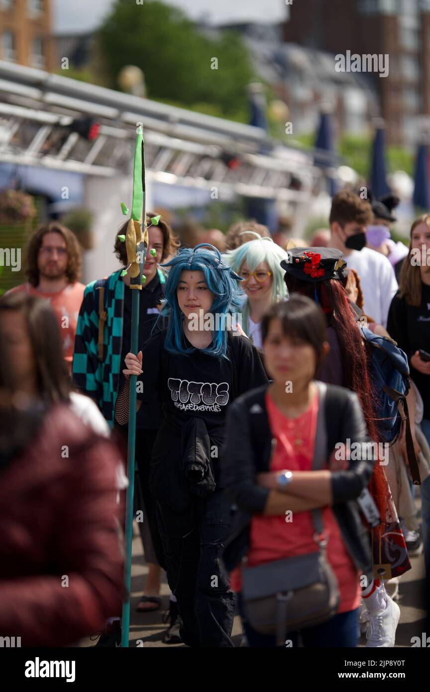 A vertical shot of a group of cosplayers on Japan day in Dusseldorf ...