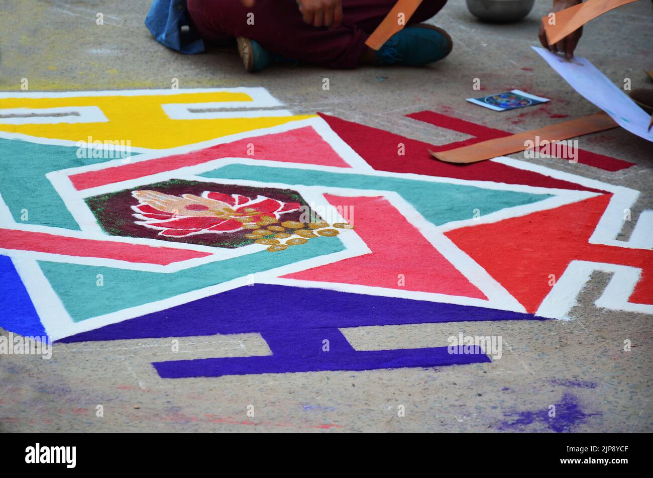Sacrificial offering and Rangoli powder or sand paint coloured nepalese ...
