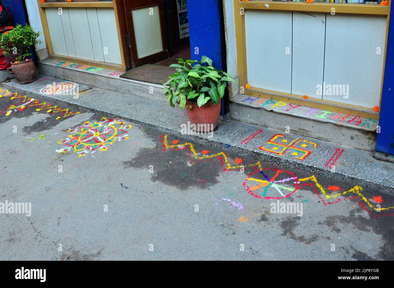 Sacrificial offering and Rangoli powder or sand paint coloured nepalese ...