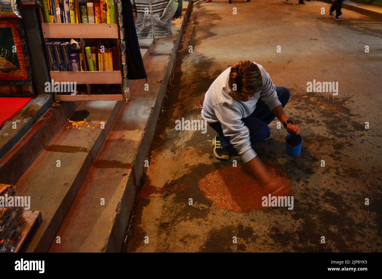 Sacrificial offering and Rangoli powder or sand paint coloured nepalese ...
