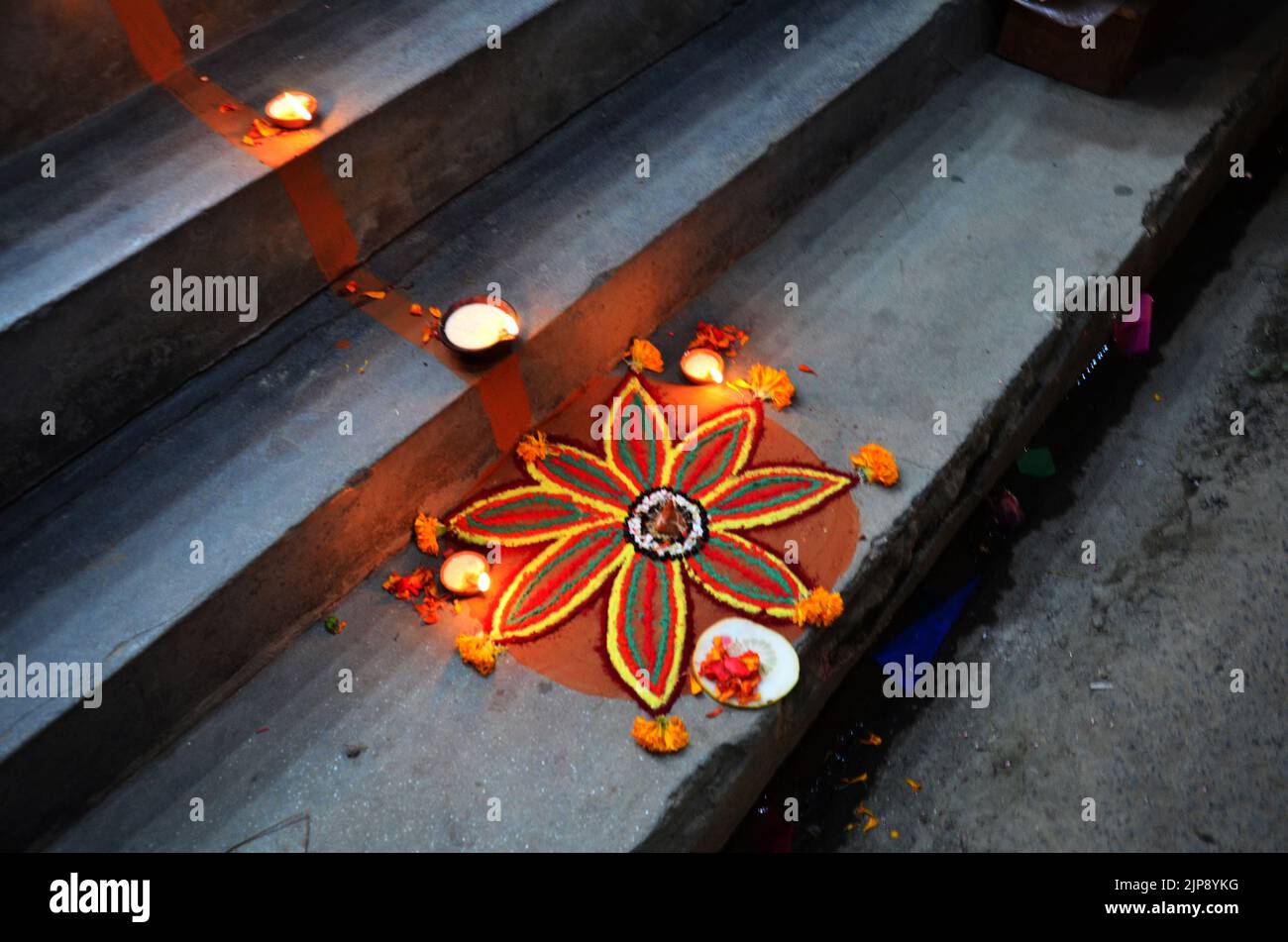 Sacrificial offering and Rangoli powder or sand paint coloured nepalese ...