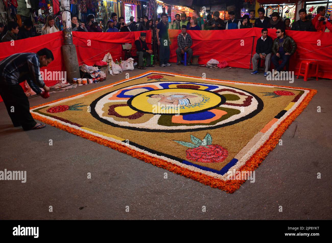 Nepalese drawing made rangoli symbol from powder or sand paint color ...