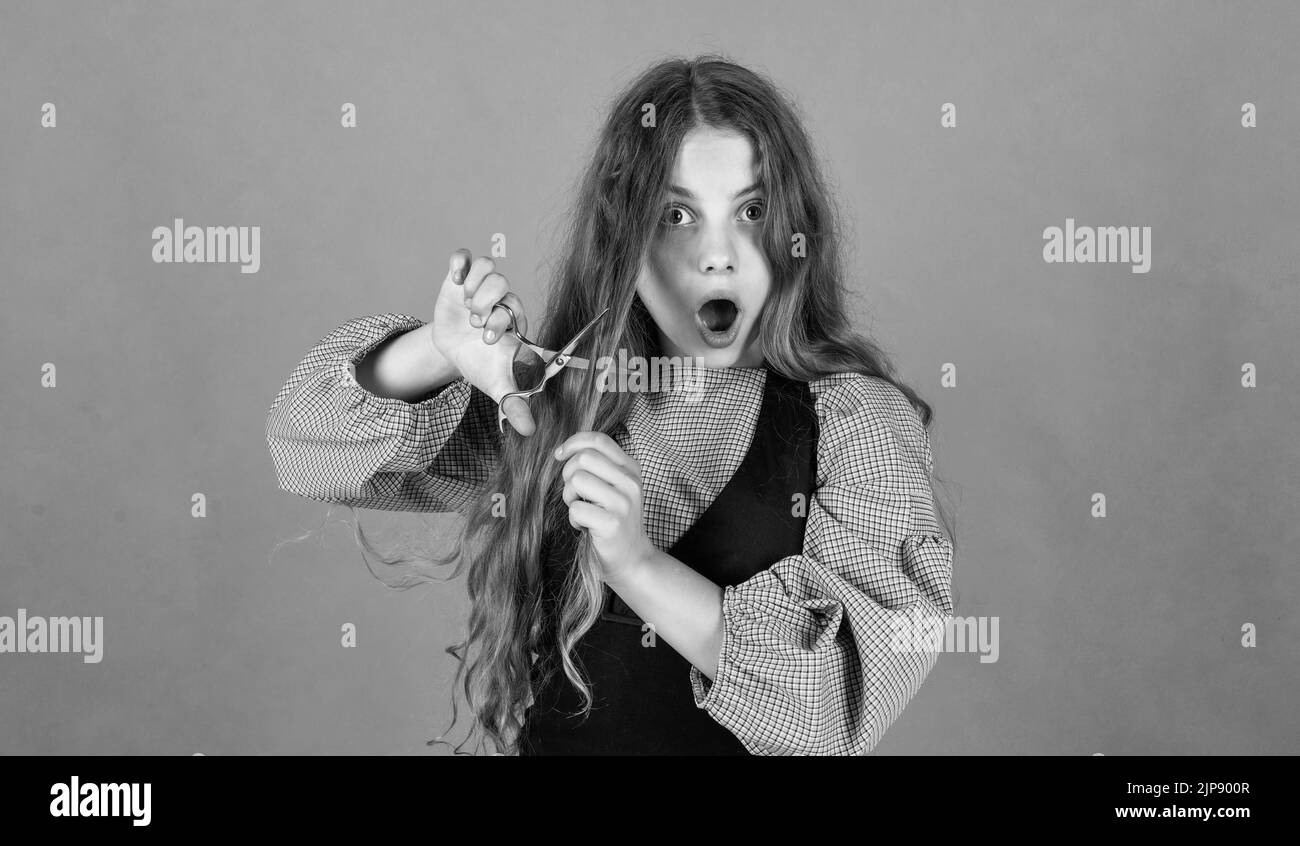 happy teen girl cut hair with scissors, hairdresser Stock Photo - Alamy