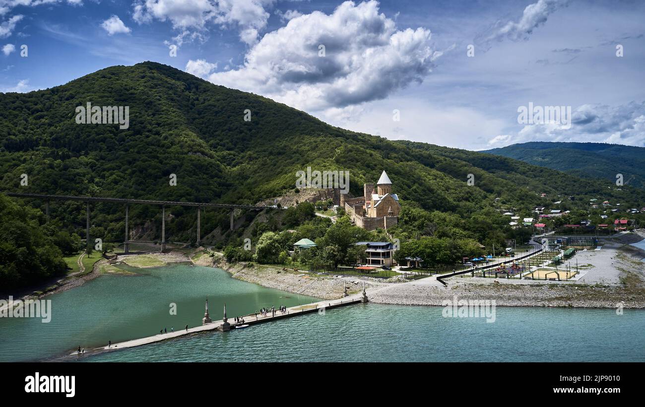(EDITORS NOTE: Image taken with drone)Aerial view of Ananuri Fortress ...