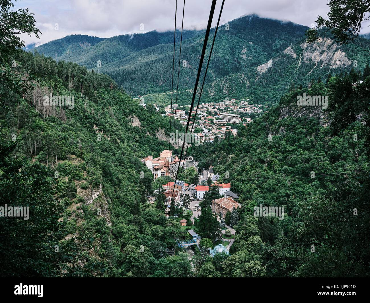 View from cablecar towards the city of Borjomi, Georgia. Borjomi is a ...