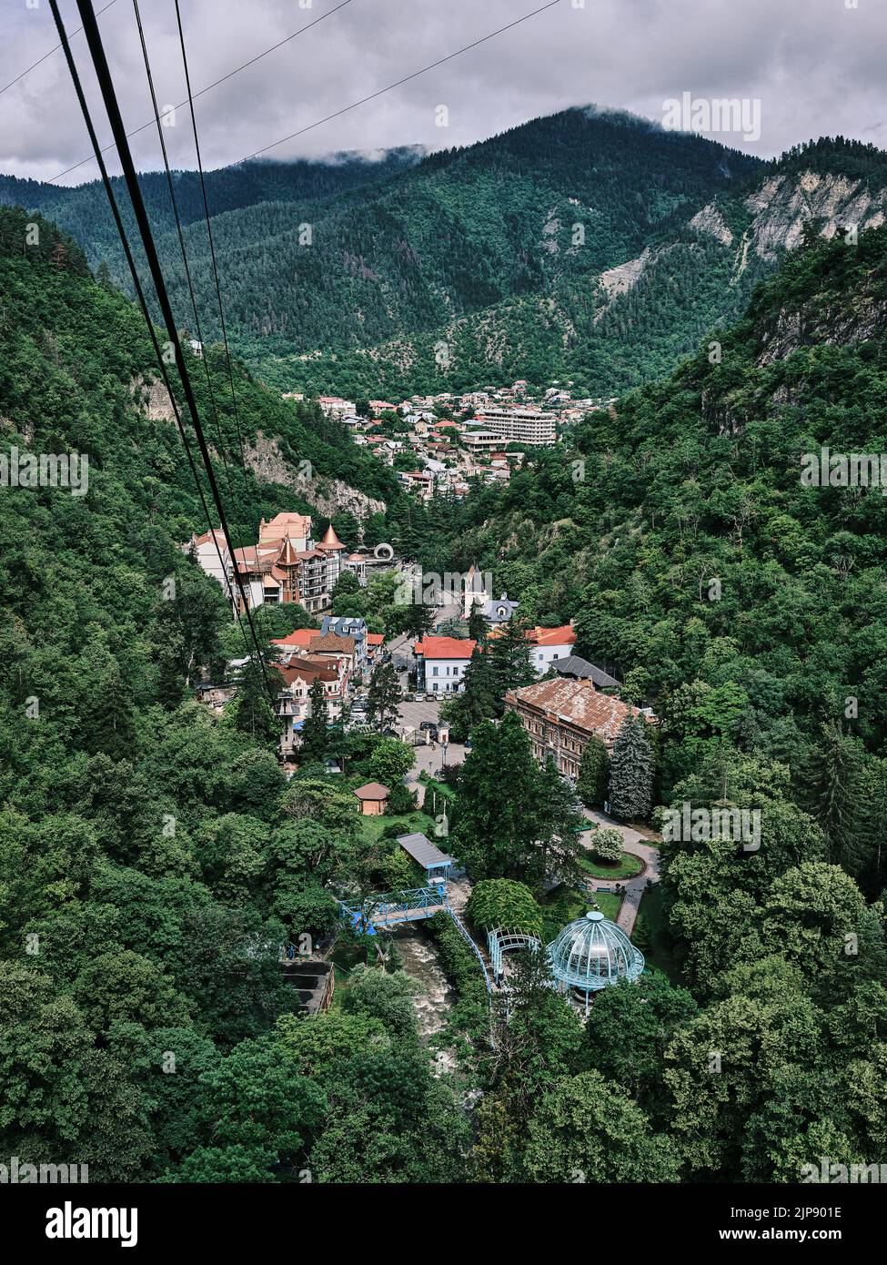 View from cablecar towards the city of Borjomi, Georgia. Borjomi is a ...