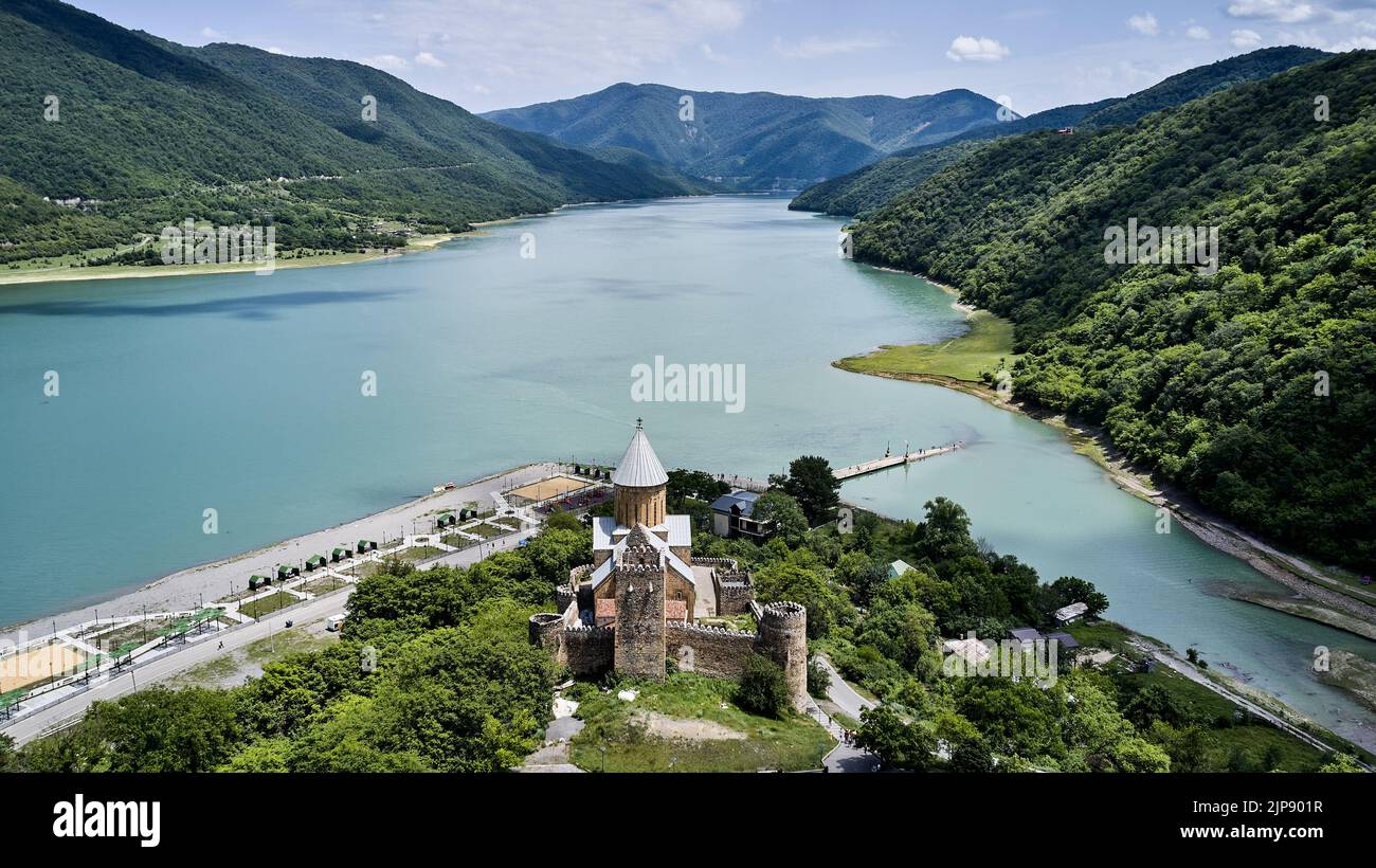 (EDITORS NOTE: Image taken with drone)Aerial view of Ananuri Fortress ...