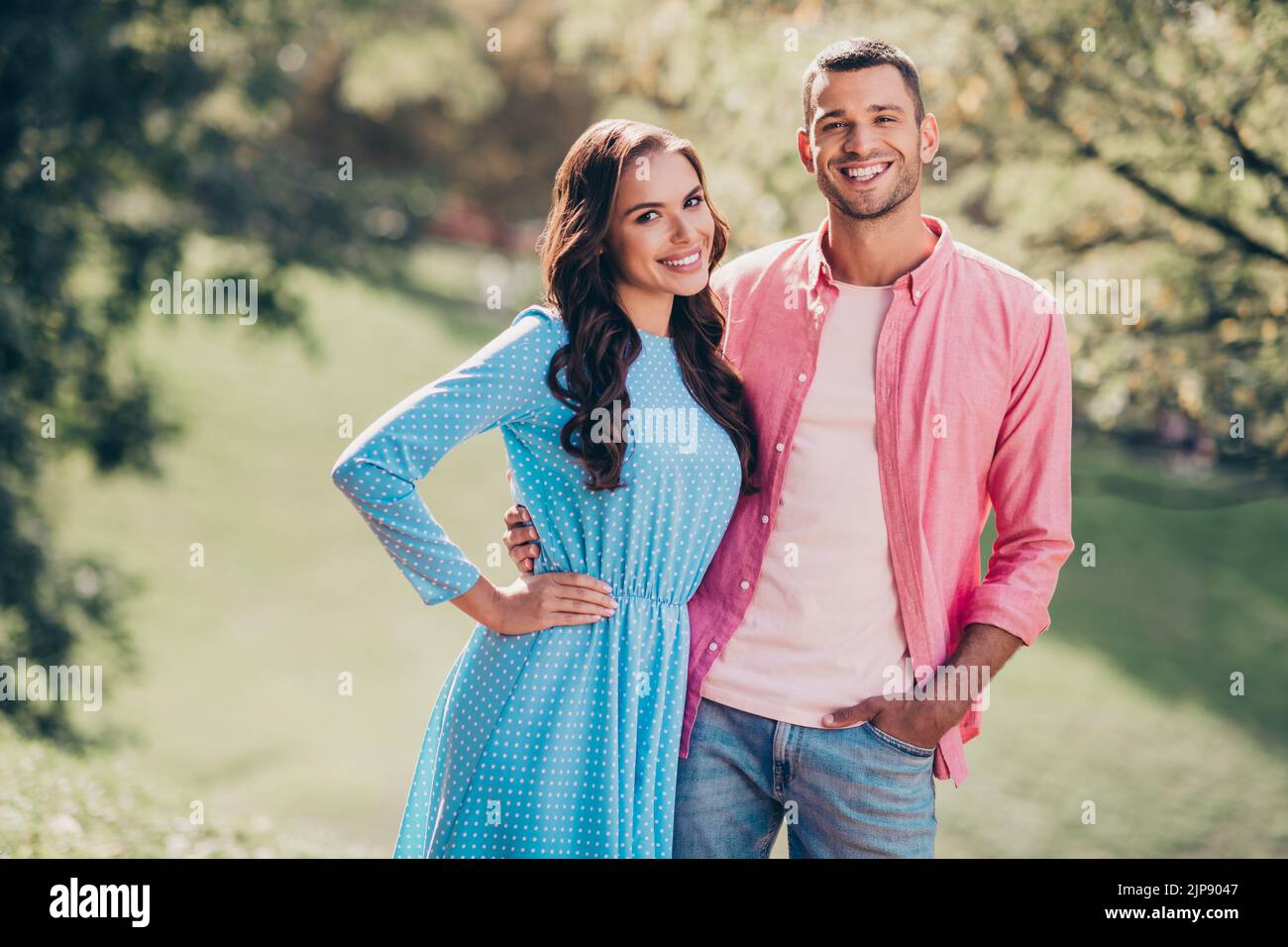 Photo of dreamy sweet two people together wear casual outfits walking ...