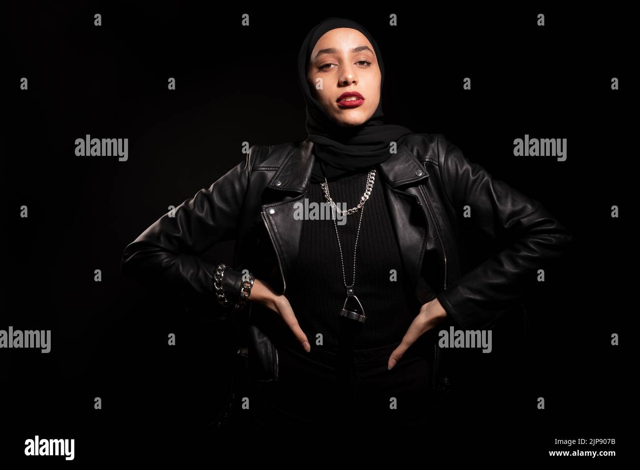 self confident, leather jacket, muslim, hijab, original collection ...
