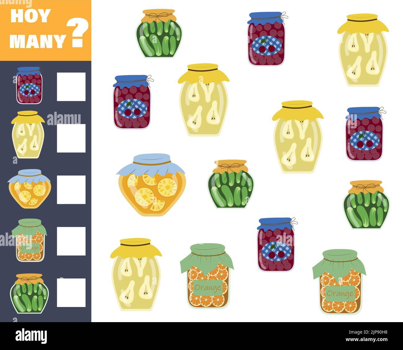 Children's math game count how many jars of jam. Vector isolated on a ...