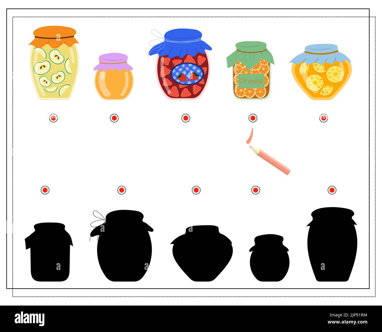 Children's logic game find the right shadow, jam jars. Vector isolated ...