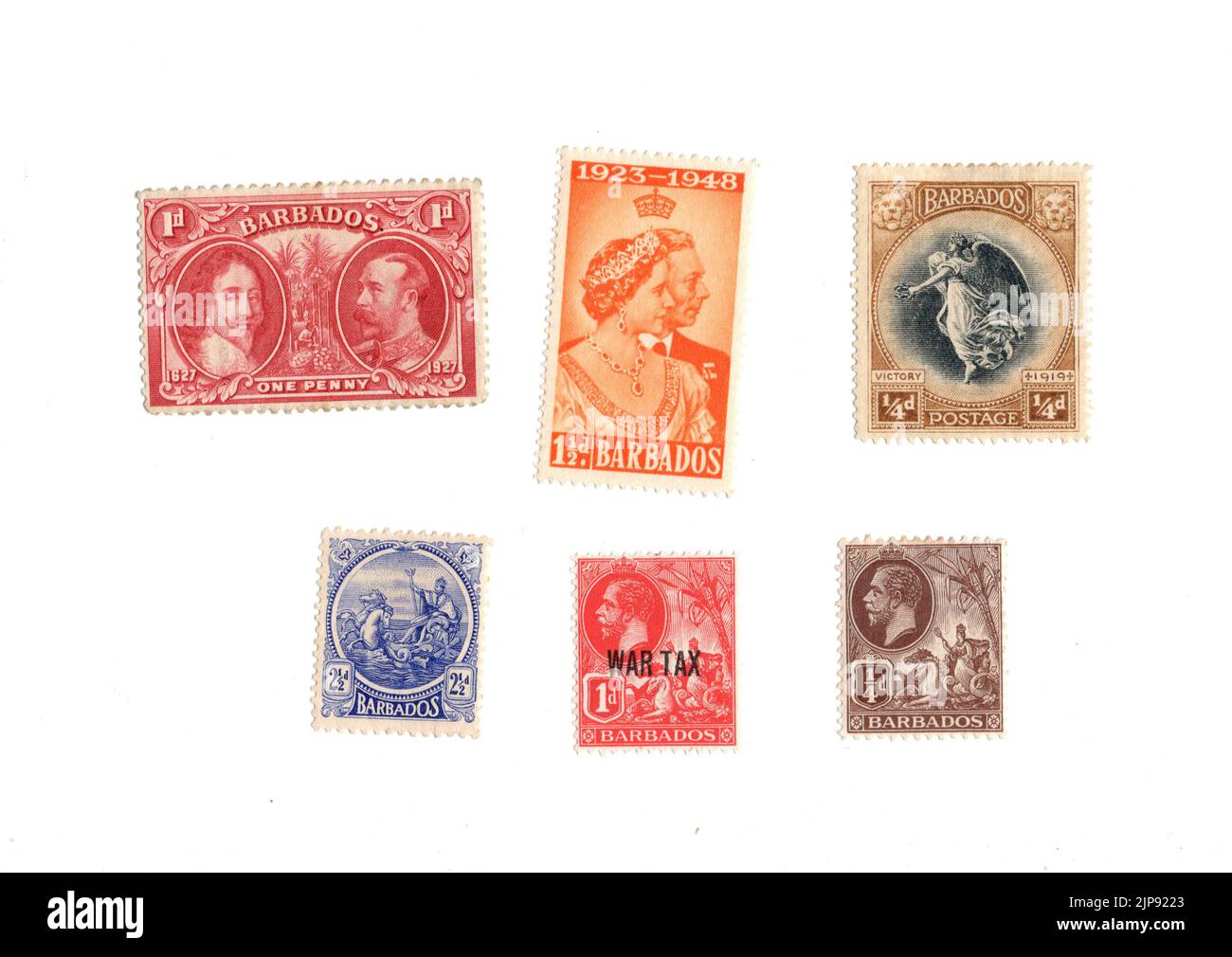 A selection of old mint postage stamps from Barbados on a white ... A selection of old mint postage stamps from Barbados on a white ...