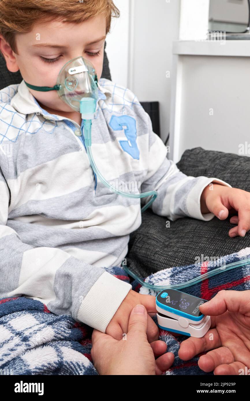boy, measuring, sick, pulse oximetry, nebulizer, inhalation, boys, ill ...