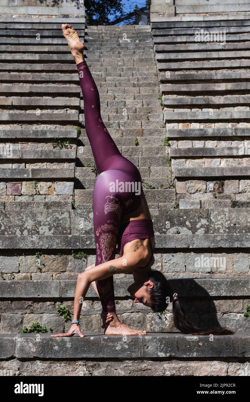 young woman, balance, outdoor yoga, urdhva prasarita eka padasana, girl ...
