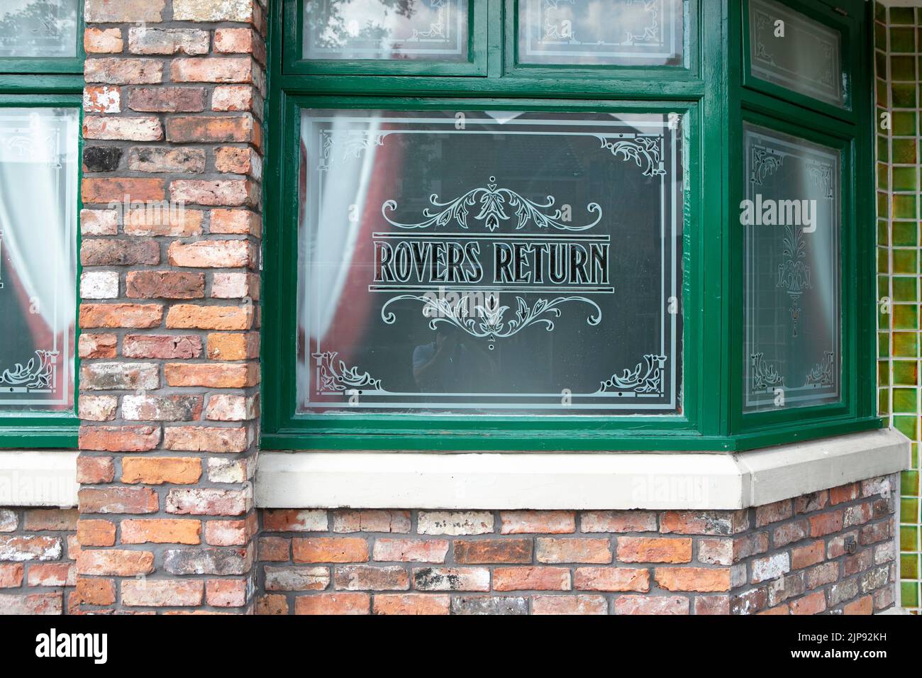 The window of the Rovers Return Inn on the set of the TV soap opera ...