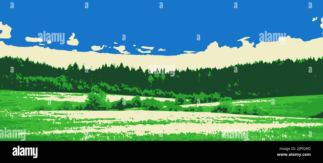 Blue sky over dense forest, panoramic view, stylized drawing Stock ...