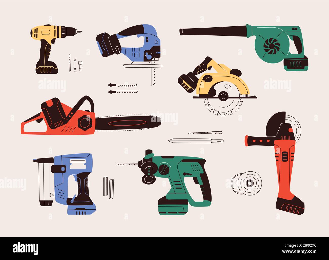 Flat design vector illustration of power cordless hand tools. Set ...