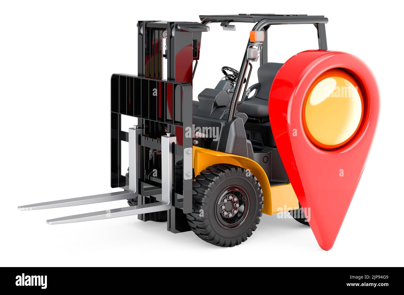 Forklift truck with map pointer. 3D rendering isolated on white ...