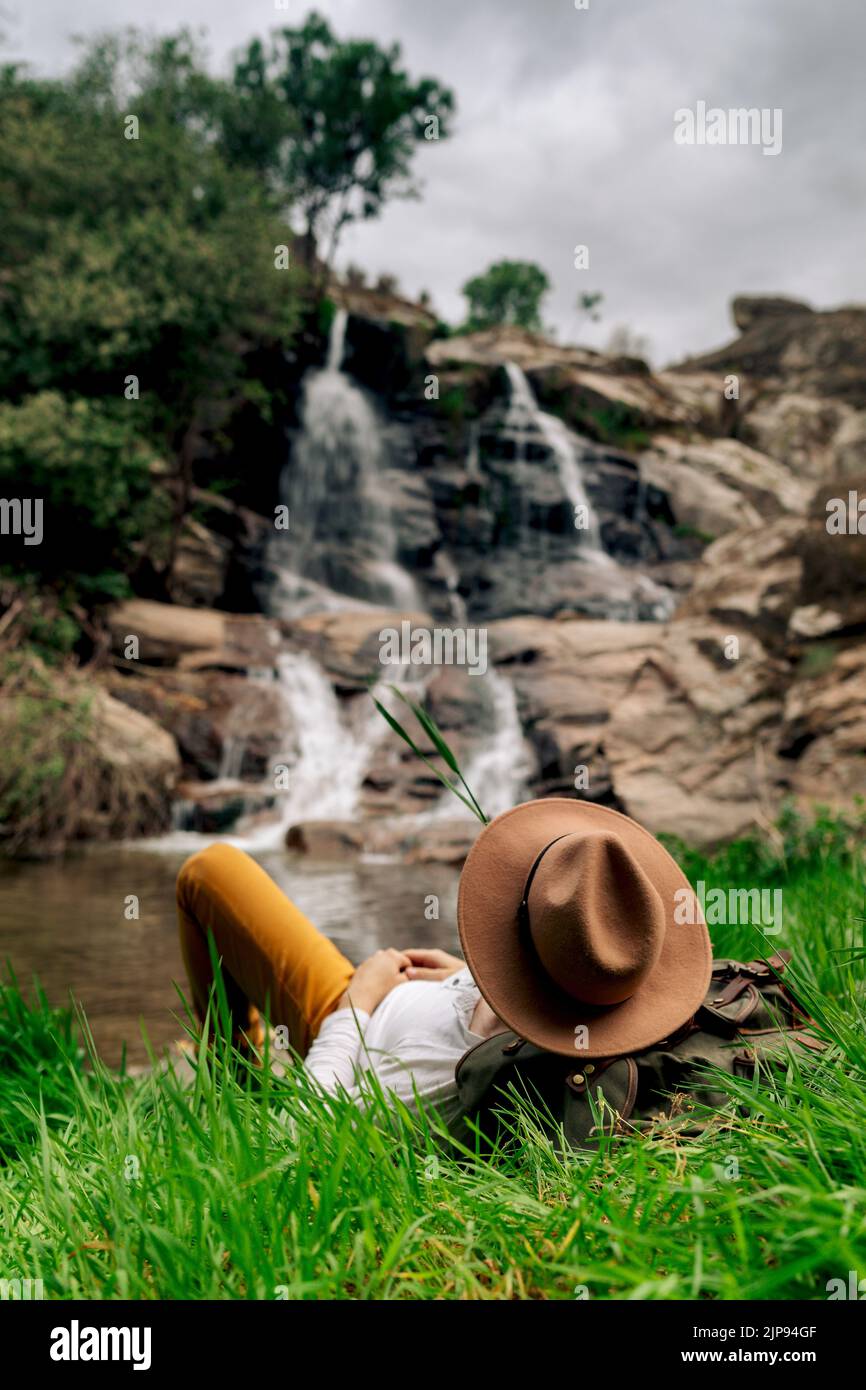 waterfall, lying, hiker, rest, cascade, waterfalls, lying down, hikers ...