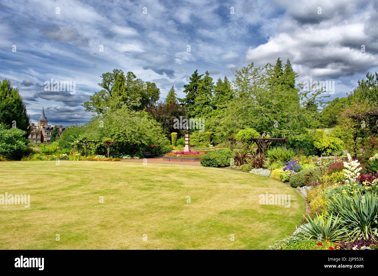 PERTH CITY SCOTLAND RODNEY GARDENS HOUSES SCULPTURE AND FLOWER BEDS ...