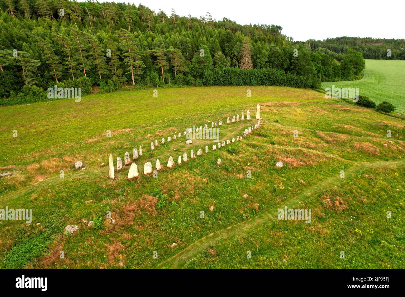 Stone ship at Blomsholm, Sweden megalith from iron age aerial view ...