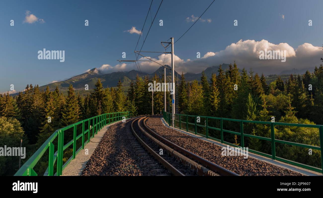 Rack rail in Strba station under Vysoke Tatry mountains in summer ...