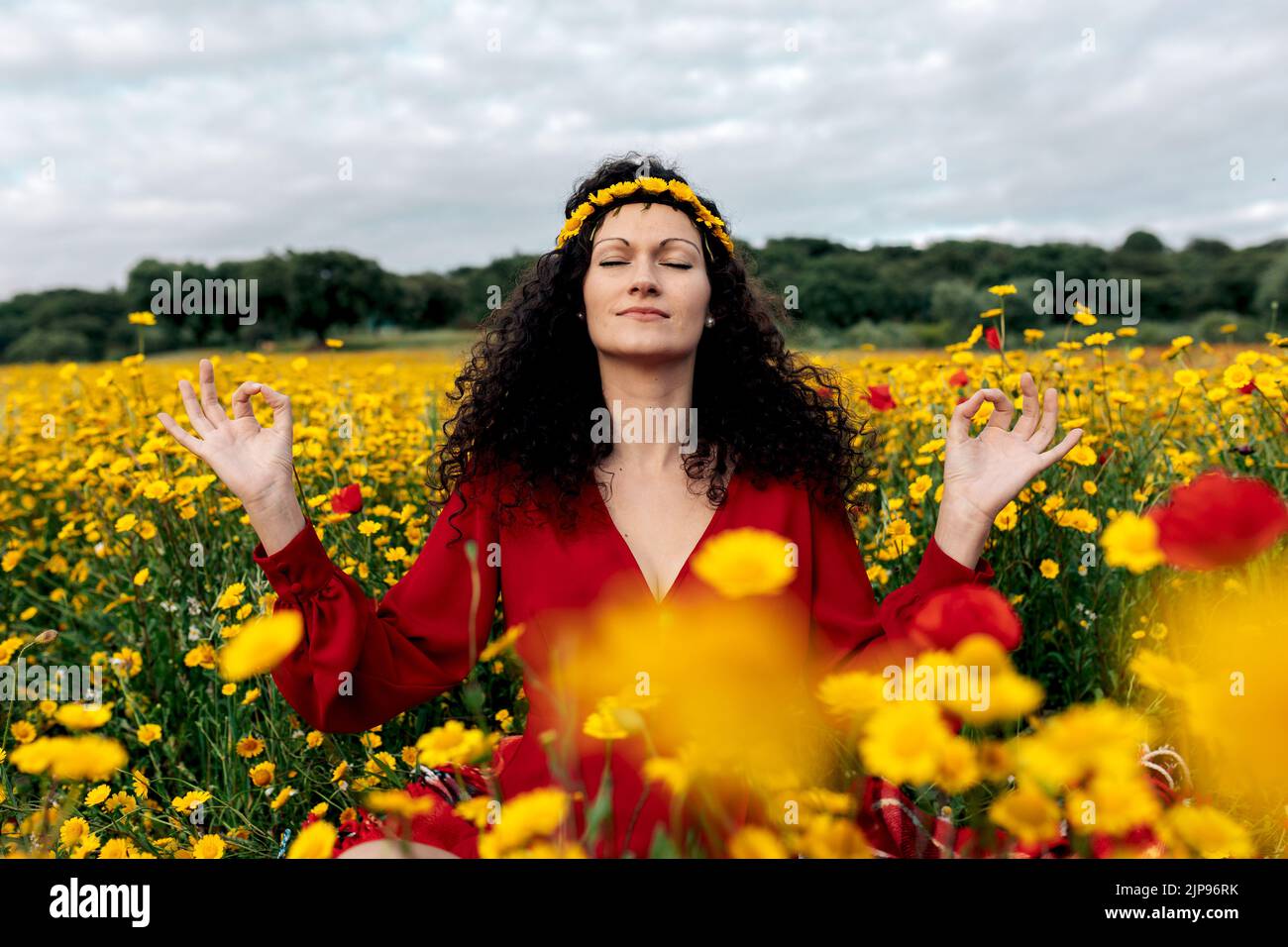 flower meadow, meditating, flower girl, hippie, flower meadows ...