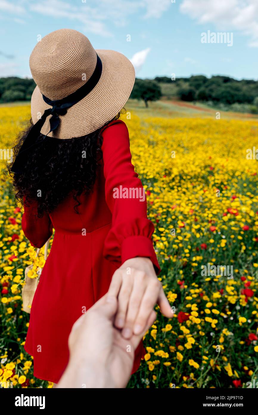 flower meadow, holding hands, leading, flower meadows Stock Photo - Alamy