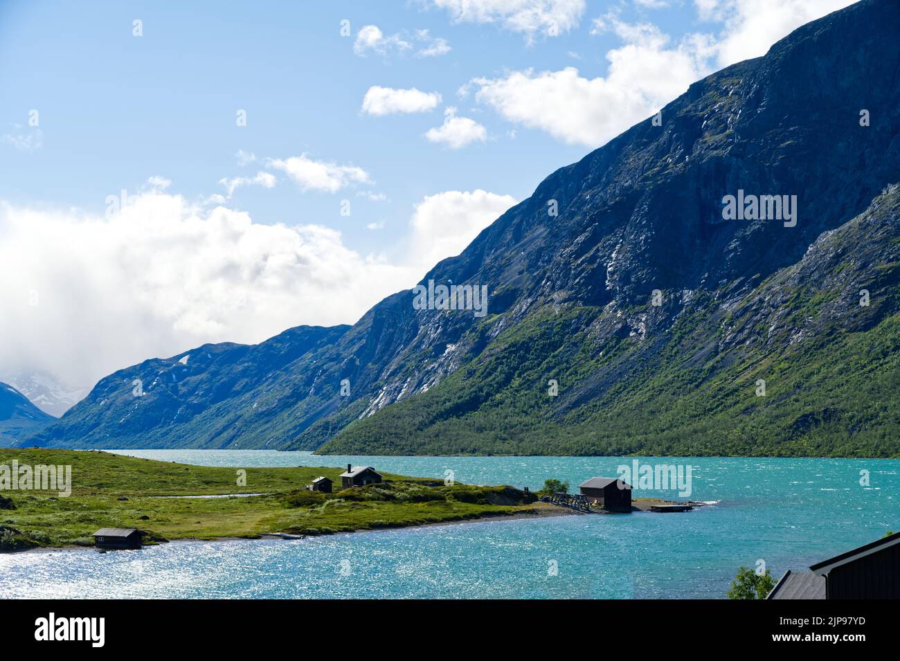 Jotunheimen Gjendesheim station National Park wild river with rapids of ...