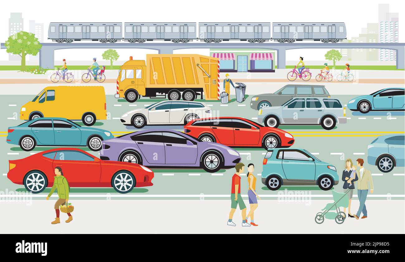 Big city with road traffic and people, illustration Stock Vector Image ...