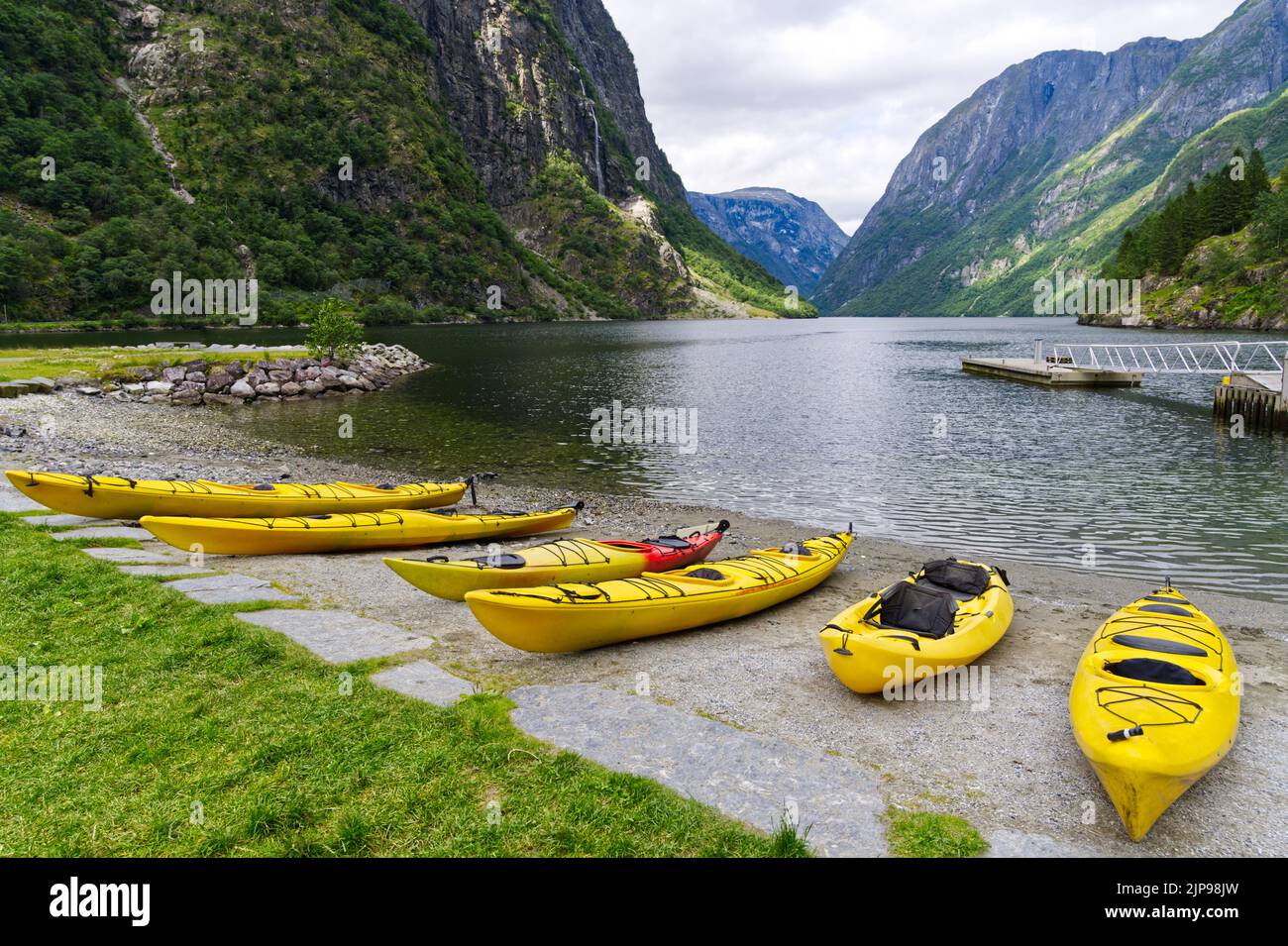 Sea kayak (touring kayak) in a fjord in Norway, Scandinavia pulled ...