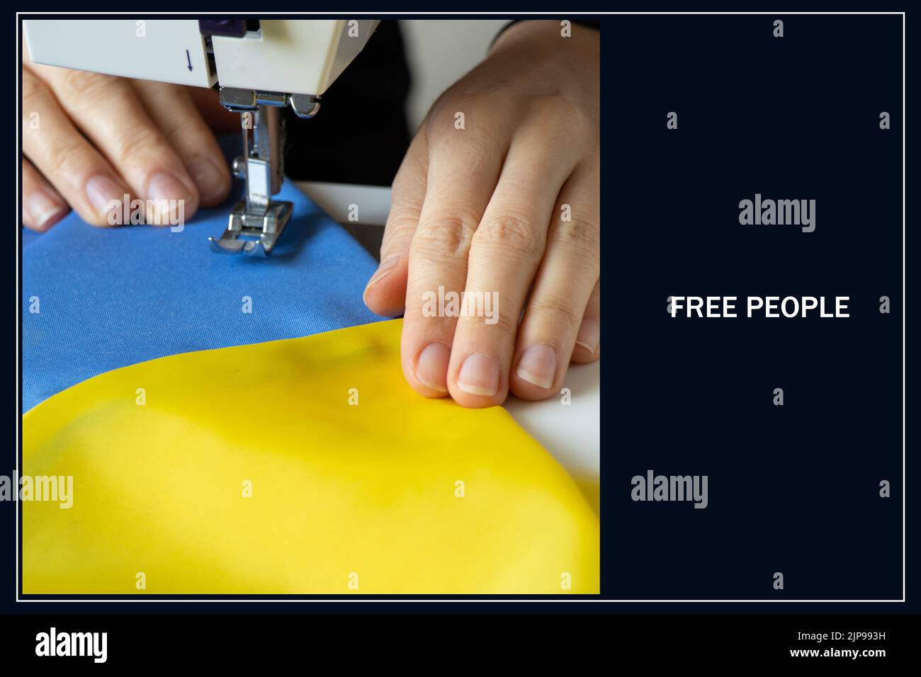 A girl sews the flag of Ukraine at home on a sewing machine, making ...
