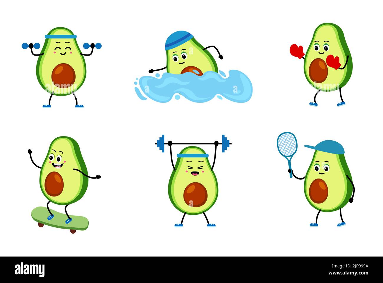 Avocado character does sports. Sports, swimming, boxing, tennis ...