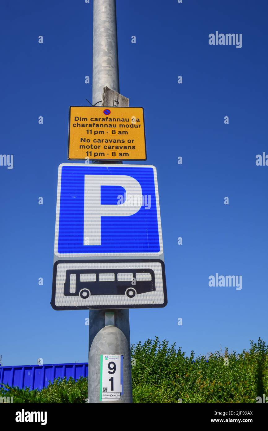 Rhyl, UK: Aug 11, 2022: Signage indicates a place for bus and coach ...