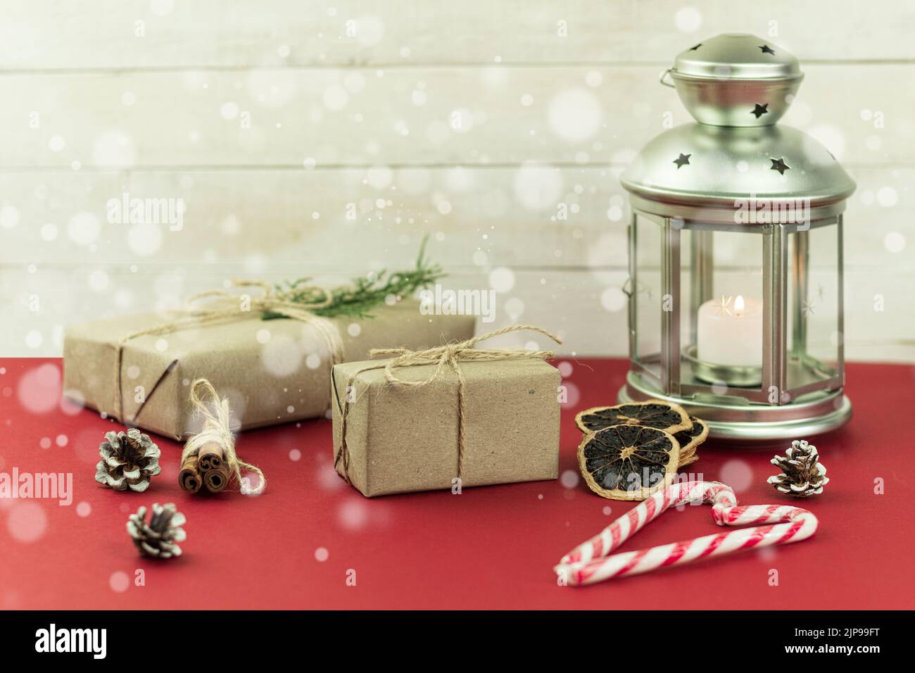 The box is wrapped with rope, the parcel is on a rustic background ...