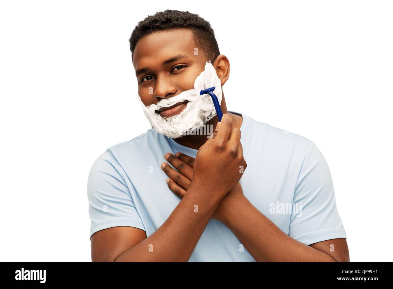 smiling african man shaving beard with razor blade Stock Photo - Alamy
