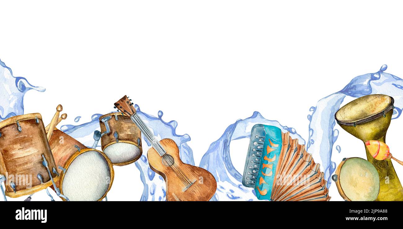 Banner of folk musical instruments watercolor illustration isolated ...