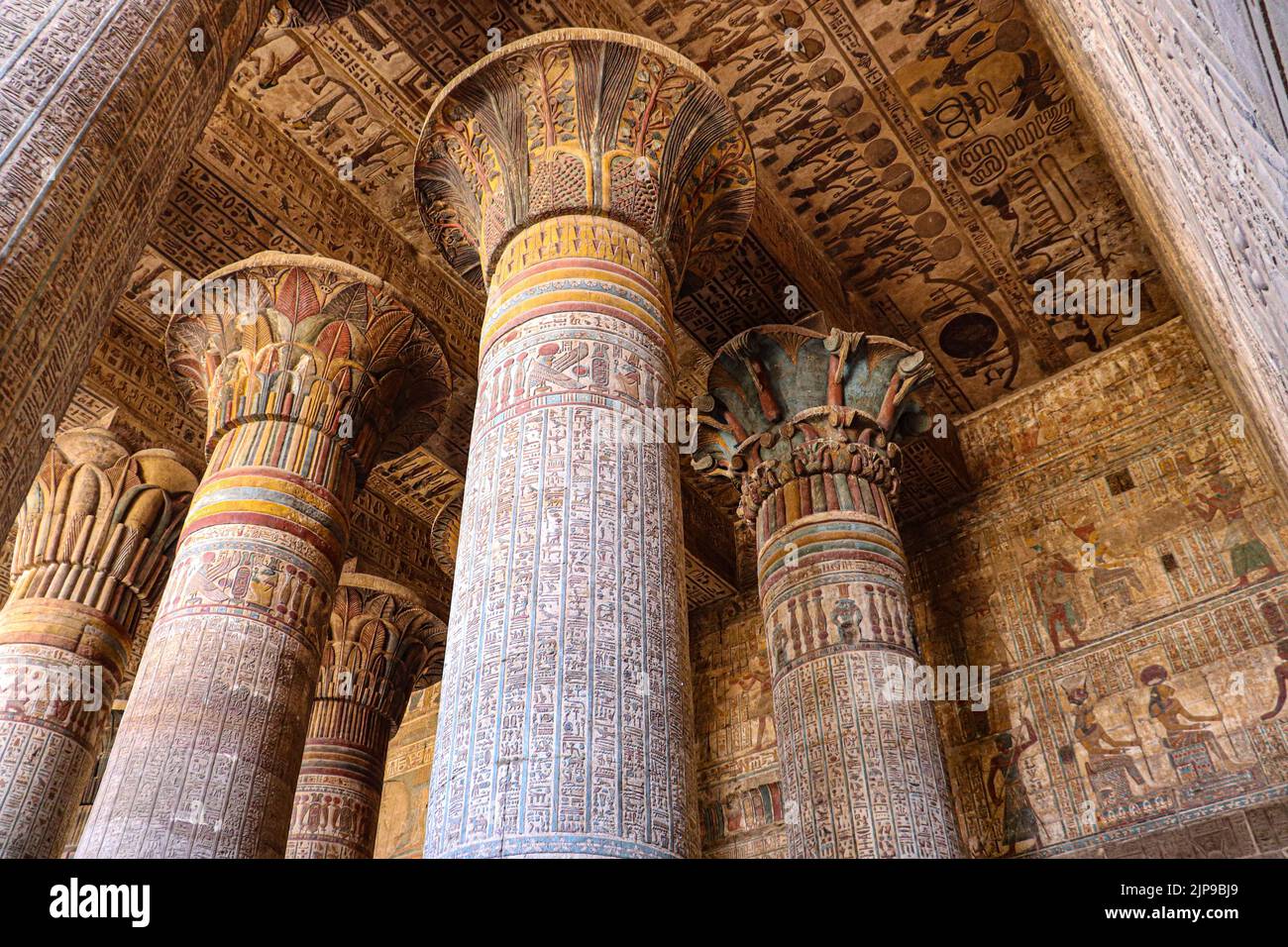 colorful decorated columns in temple of Khnum, Esna, Egypt Stock Photo ...