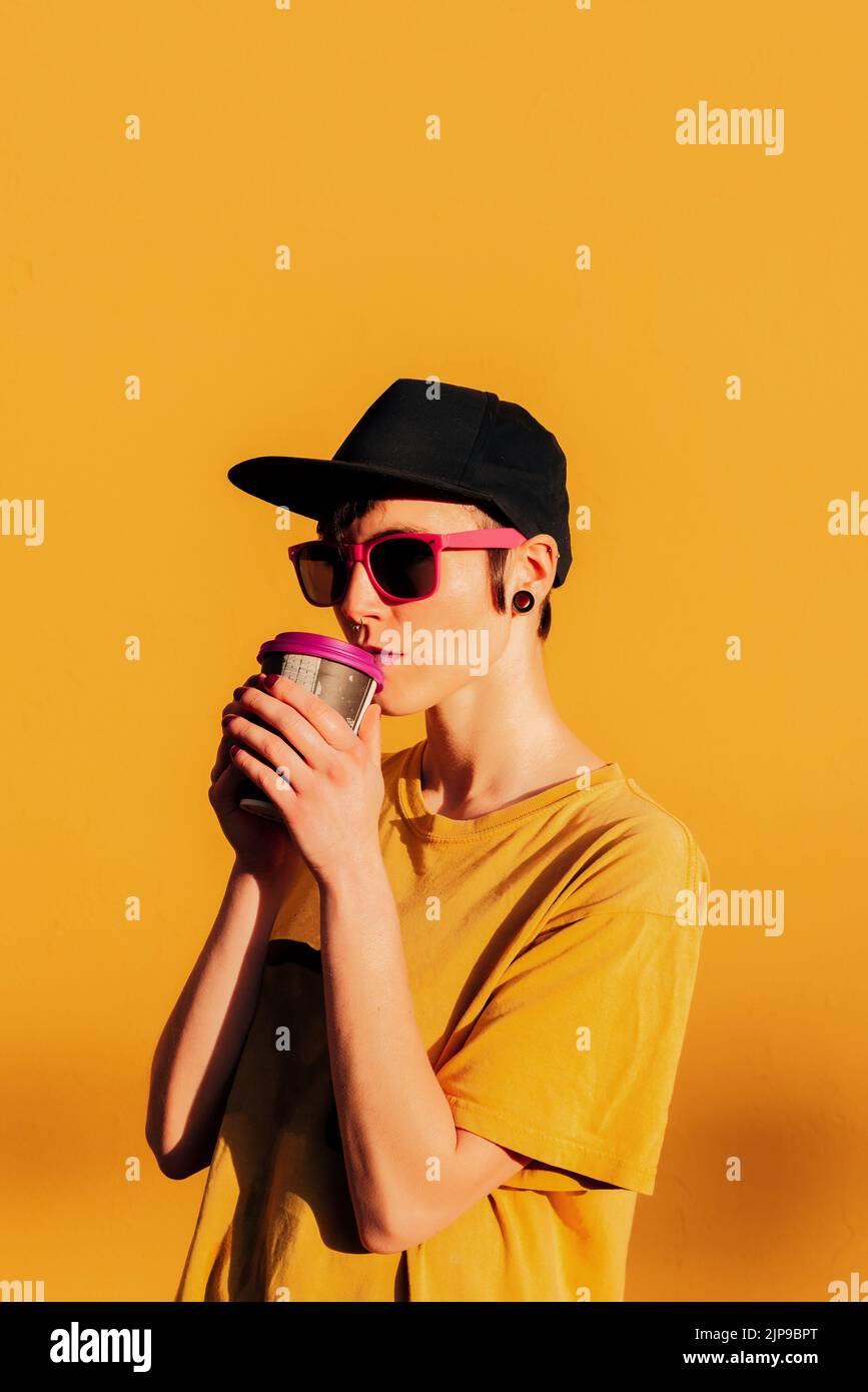 young woman, drinking, take out food, coffee cup, girl, girls, woman ...