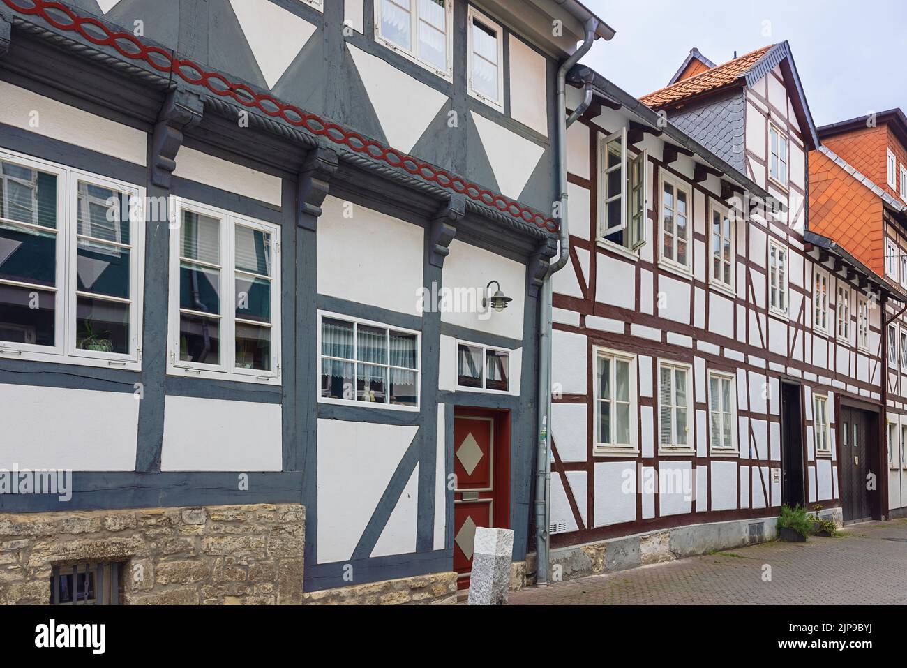 Street with half timbered houses in the centre of Wolfenbuttel Stock ...