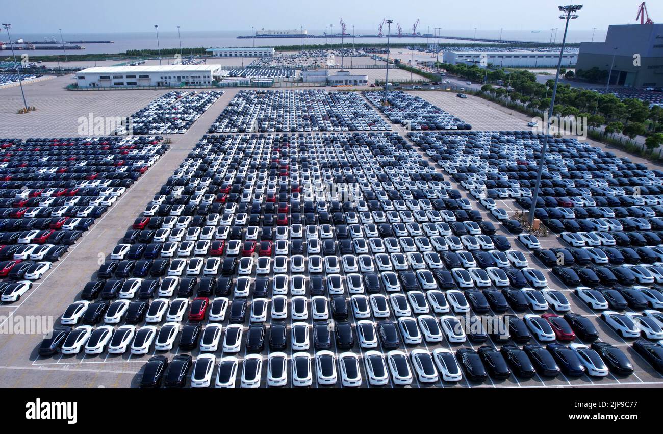 SHANGHAI, CHINA - AUGUST 13, 2022 - Cars are lined up for departure at ...