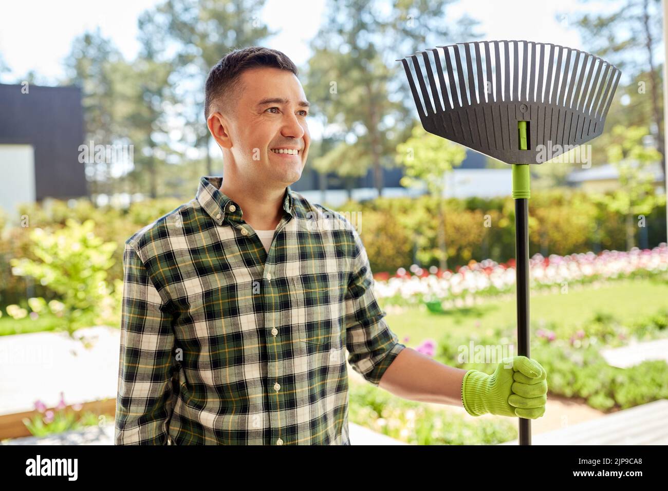 happy middle-aged man with leaf rake at garden Stock Photo - Alamy